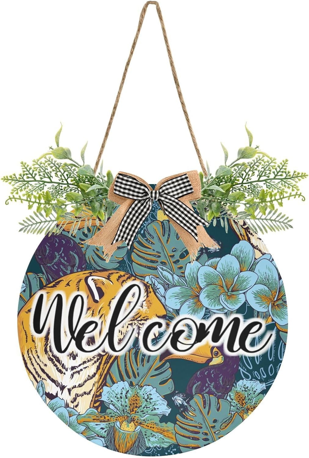 Coolnut Tiger and Plant Front Door Round, Hanging Welcome Sign, Front ...