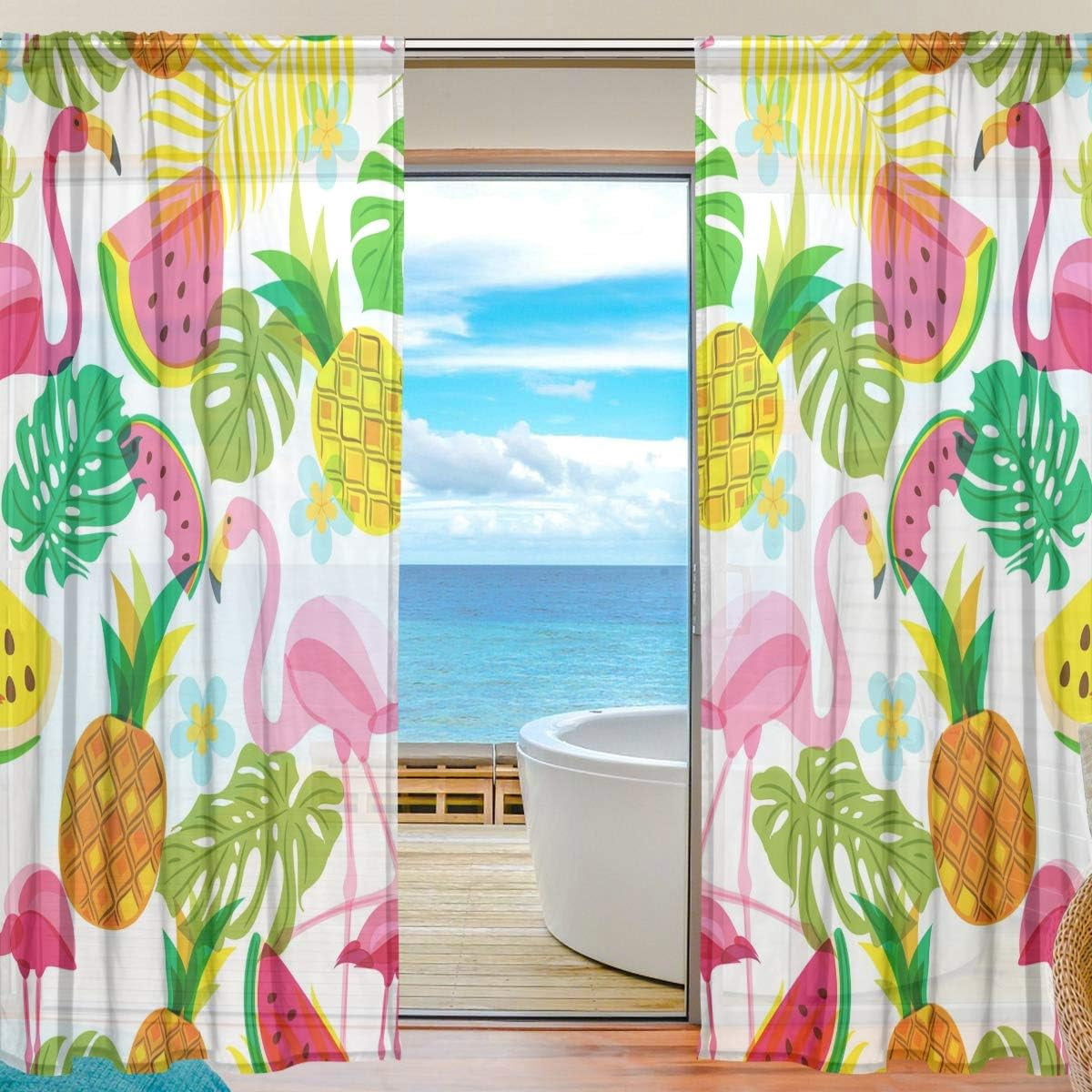 Coolnut Tropical Fruits Flamingos Sheer Gauze Door Curtain Window ...