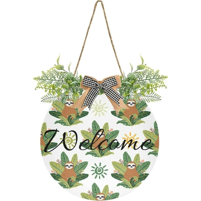 Coolnut Tropical Leaves Sloth Welcome Sign for Front Door, Round Sign ...