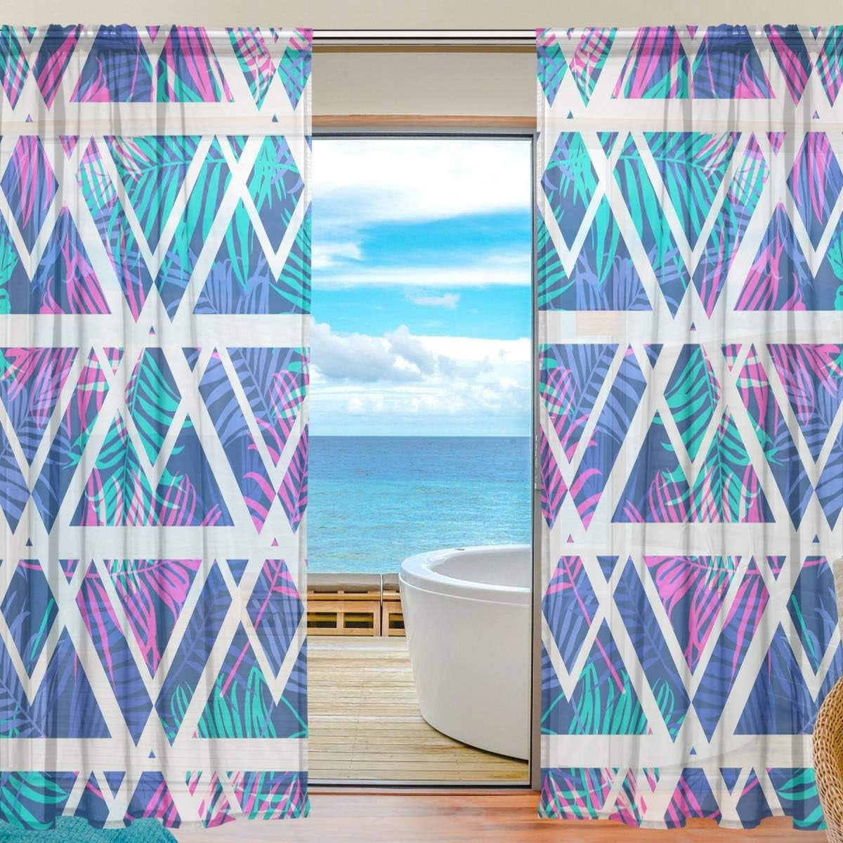 Coolnut Tropical Palm Leaf Pattern Semi Sheer Curtains Window Voile ...