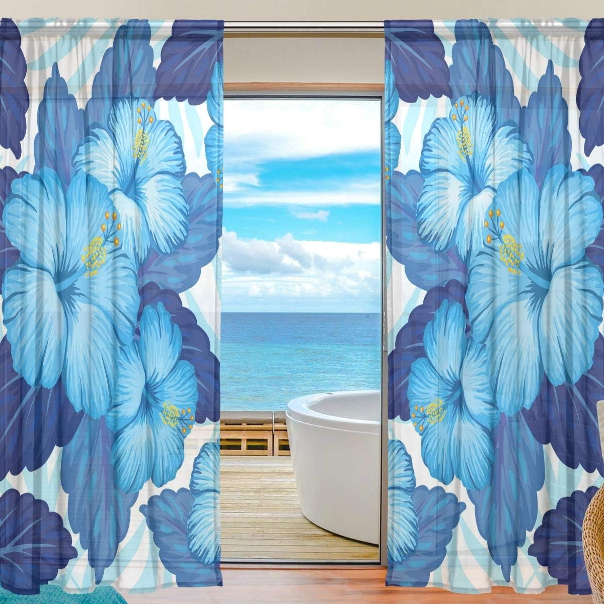 Coolnut Semi Sheer Curtains, Tropical Plants and Hibiscus Flower ...