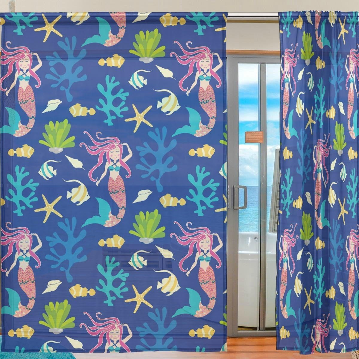 Coolnut Underwater Mermaids Fishes Sheer Gauze Door Curtain Window ...