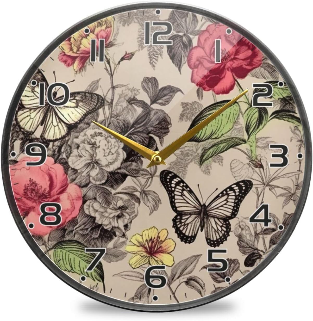 Coolnut Vintage Butterfly Floral Wall Clock Round Silent Non Ticking ...