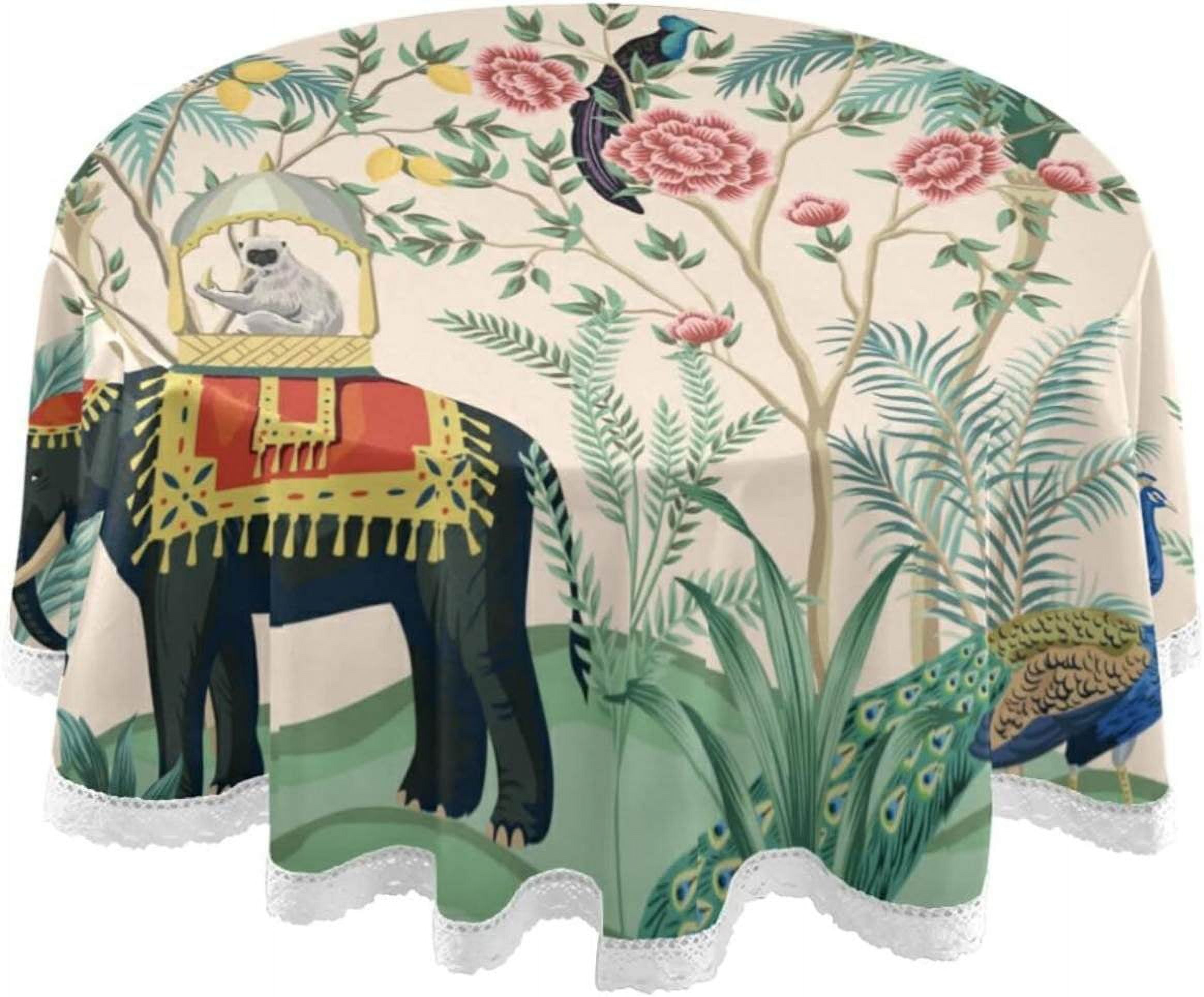 Coolnut Vintage Indian Flowers and Animals Round Tablecloth 60In,Round ...