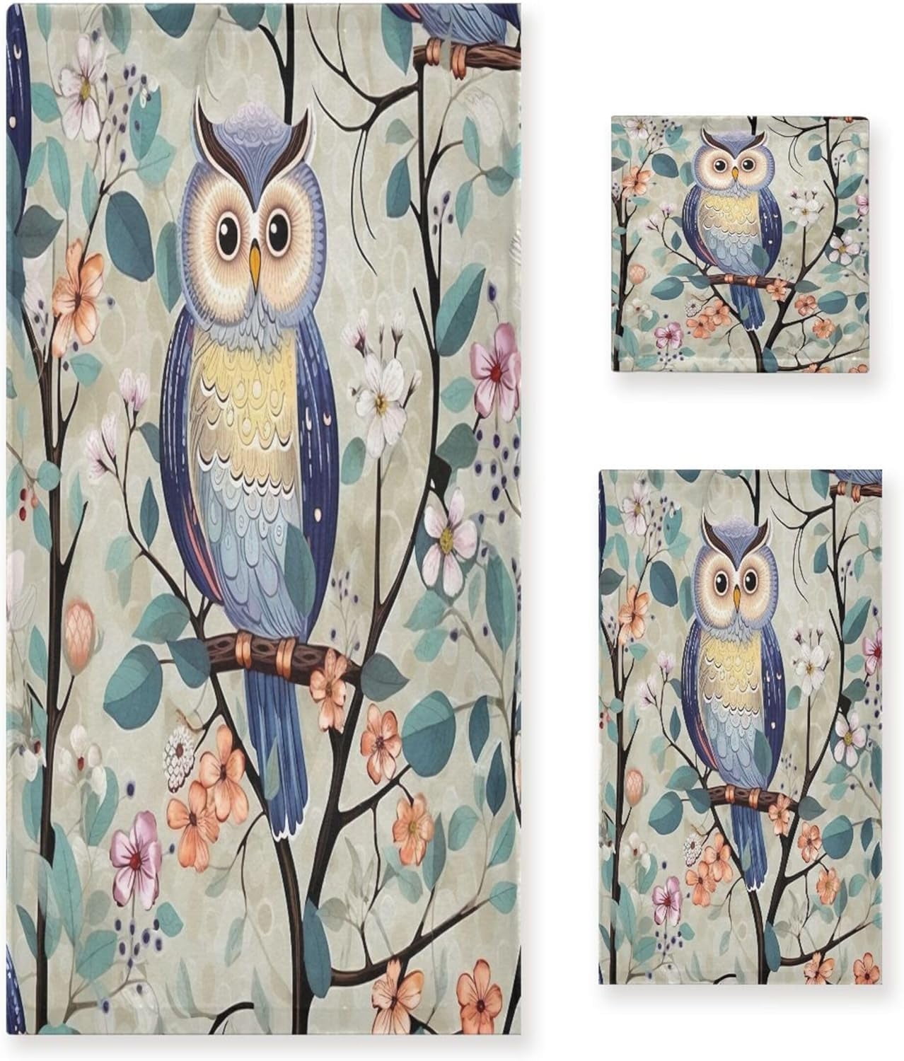 Coolnut Vintage Owls Bathroom Towel Set of 3 with Hand Towel, Wash ...