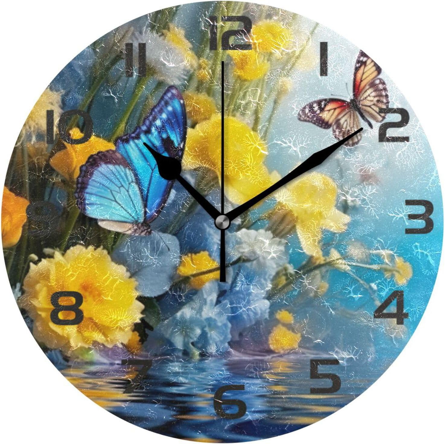 Coolnut Wall Clock Blue & Yellow Flowers 10 Inch Silent Non Ticking ...
