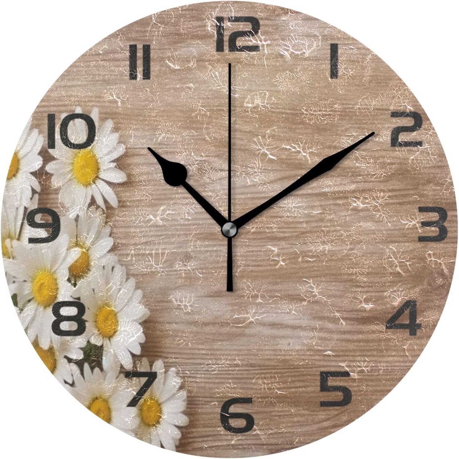 Coolnut Wall Clock Daisy on Wood 10 Inch Silent Non Ticking Quality ...