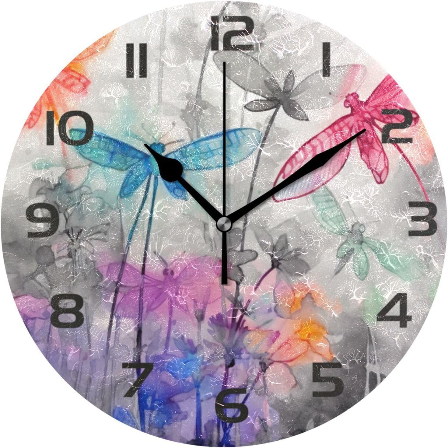 Coolnut Wall Clock Watercolor Dragonflies 10 Inch Silent Non Ticking ...