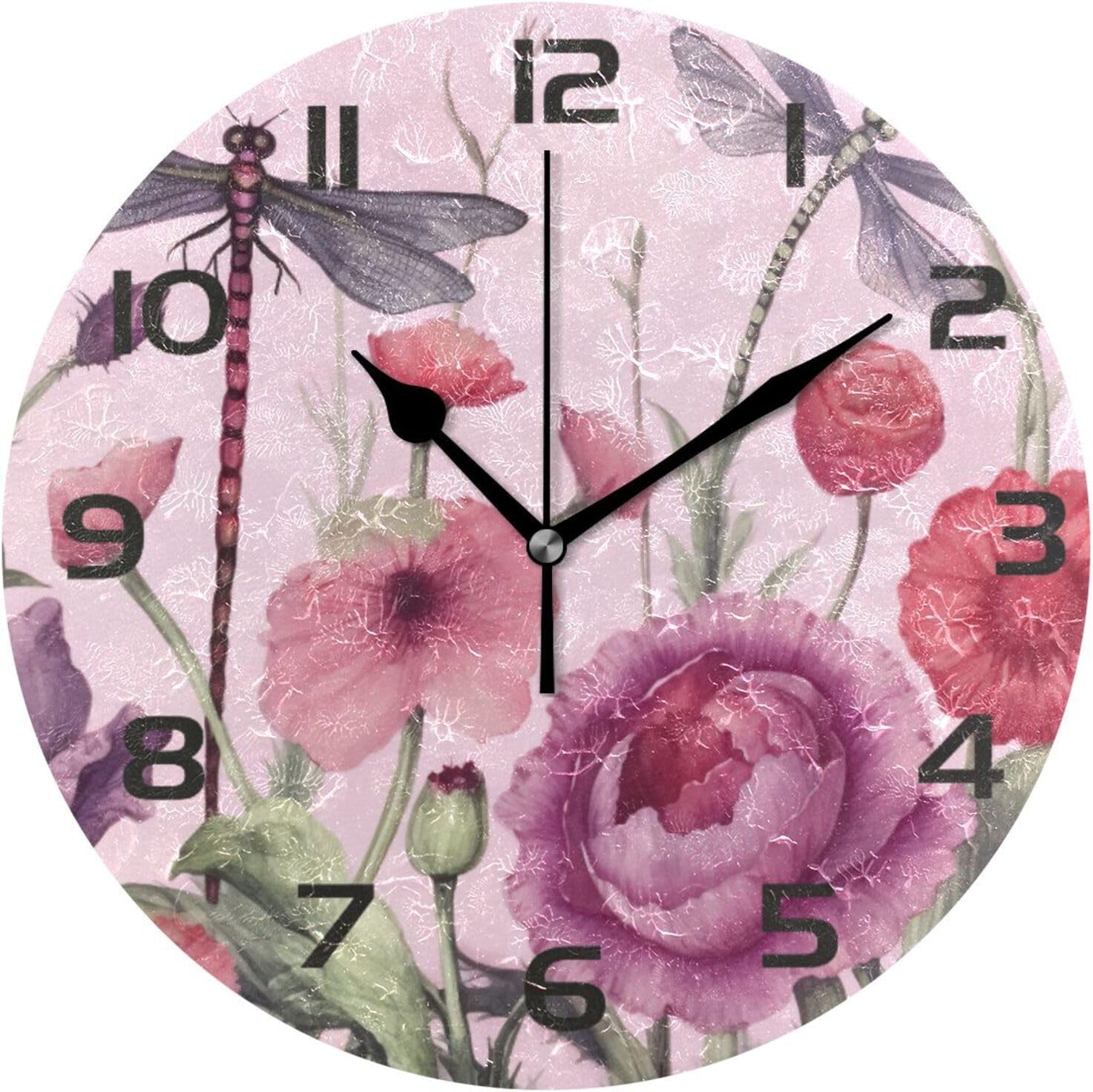 Coolnut Wall Clock Watercolor Dragonflies 10 Inch Silent Non Ticking ...