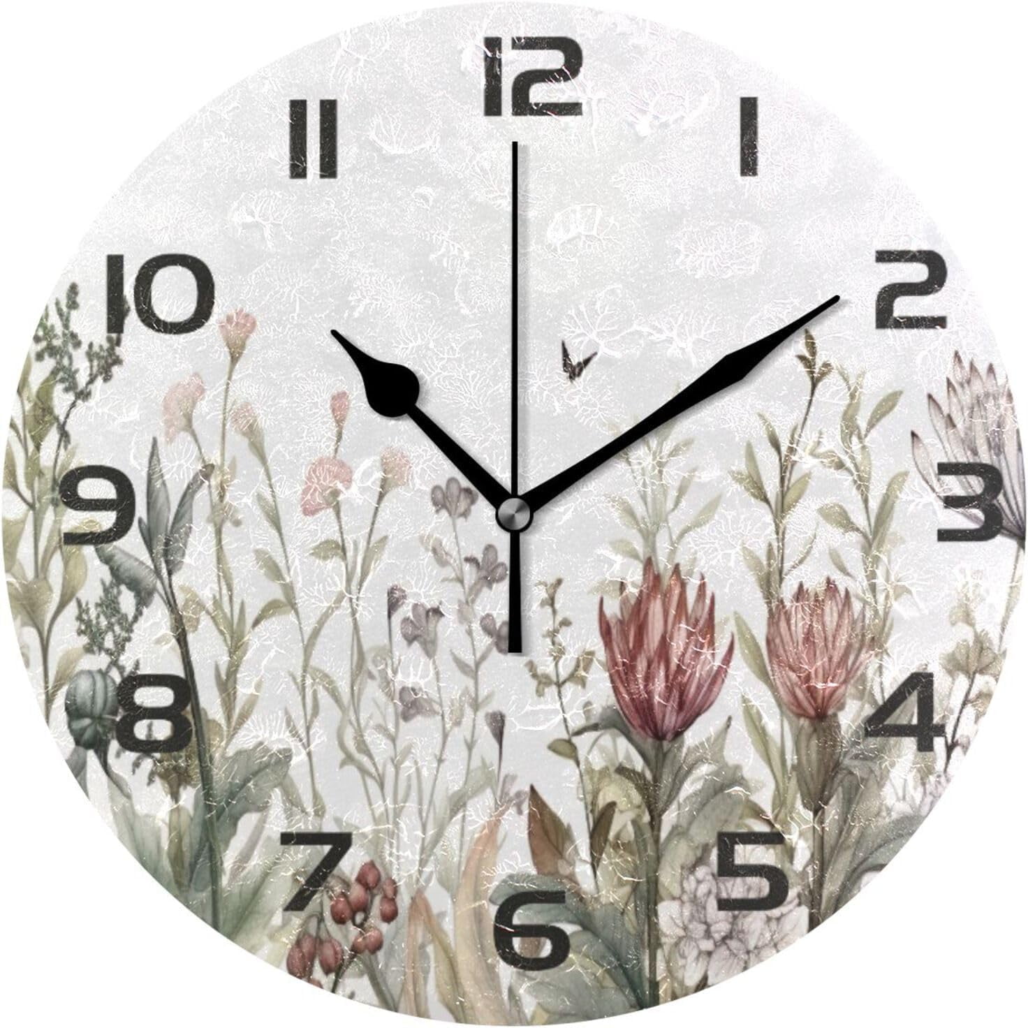 Coolnut Wall Clock Watercolor Wildflowers 10 Inch Silent Non Ticking ...