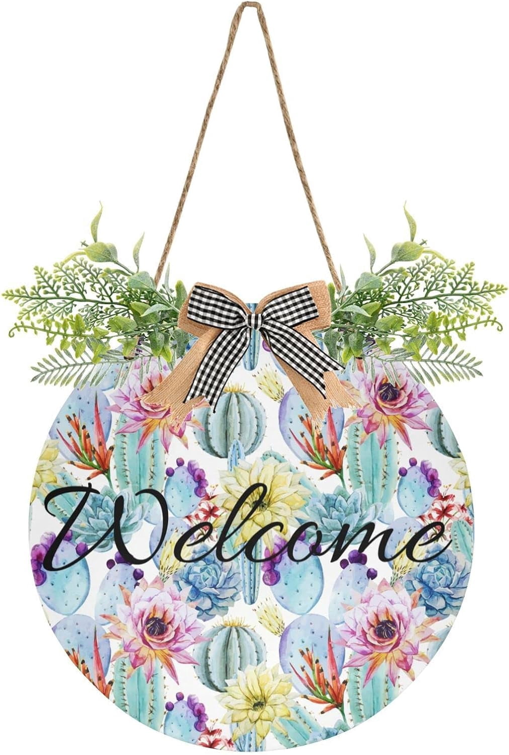 Coolnut Watercolor Cactus Welcome Sign for Front Door, Round Sign ...