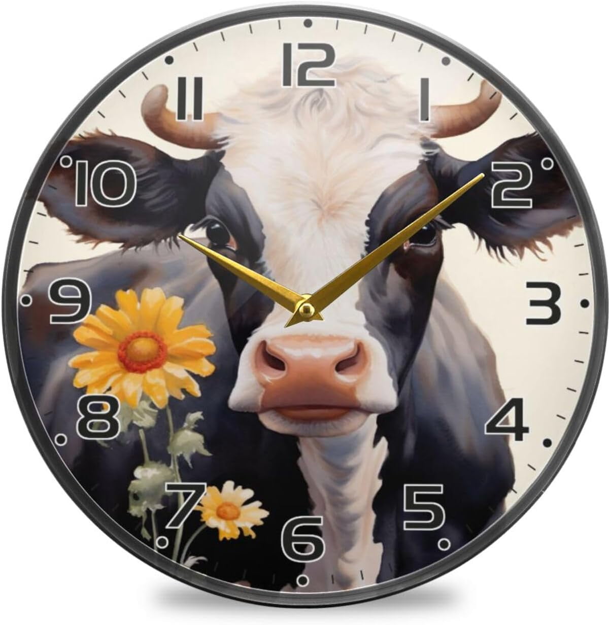 Coolnut Watercolor Cow Daisy Wall Clock Round Silent Non Ticking ...