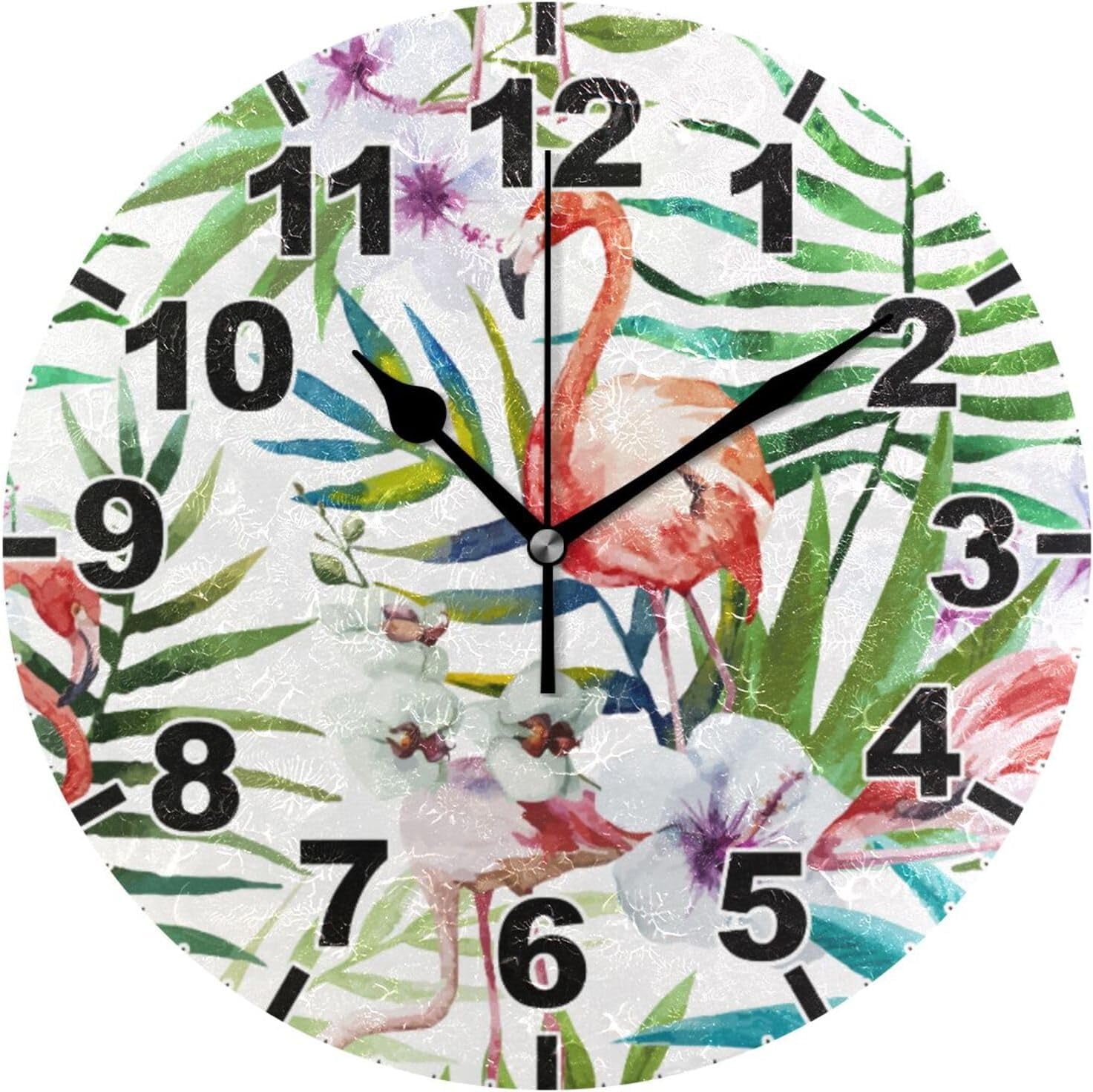 Coolnut Watercolor Flamingo and Tropical Plants Round Wall Clock ...