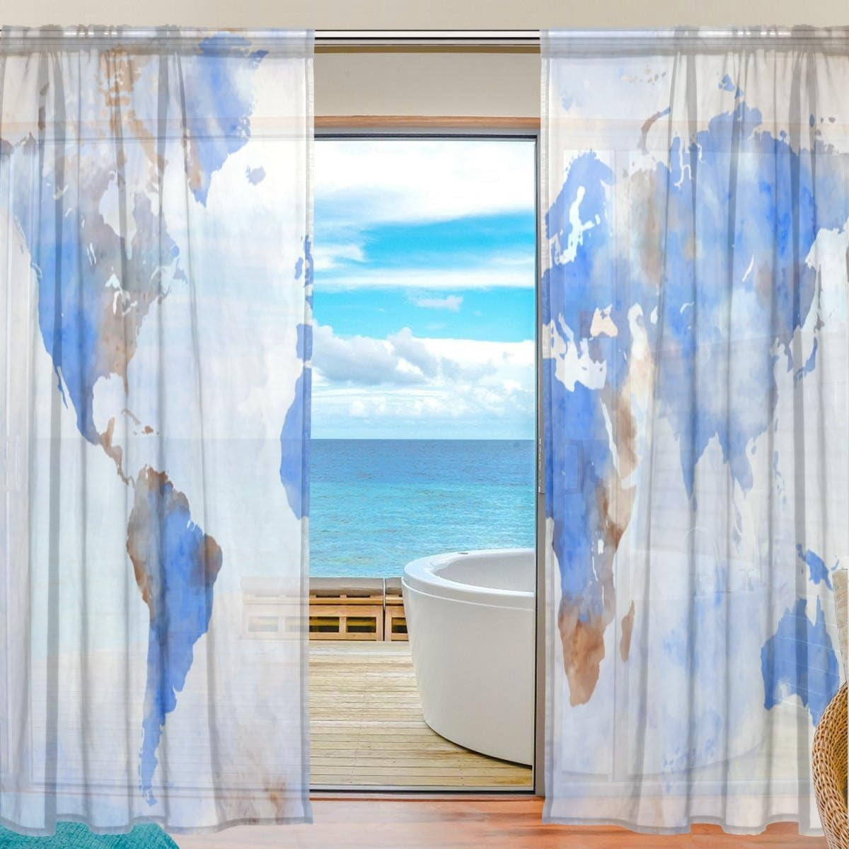 Coolnut Watercolor World Map Sheer Gauze Door Curtain Window Curtain ...