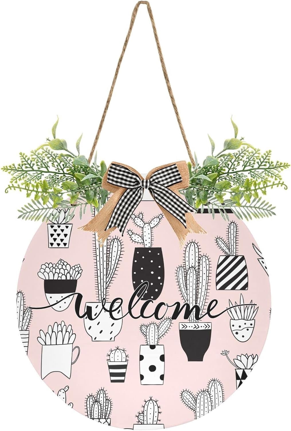 Coolnut Welcome Sign Hanging Plaque Sign Black and White Cactus Porch ...
