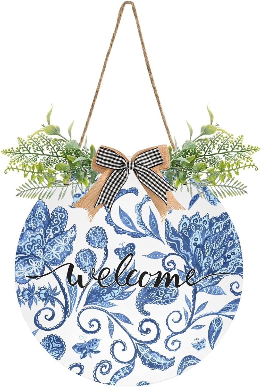 Coolnut Welcome Sign Hanging Plaque Sign Blue White Floral Porch Wall ...