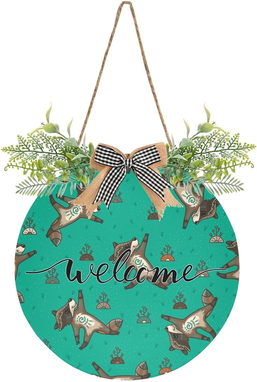 Coolnut Welcome Sign Hanging Plaque Sign Cute Tribal Raccoon Porch Wall ...