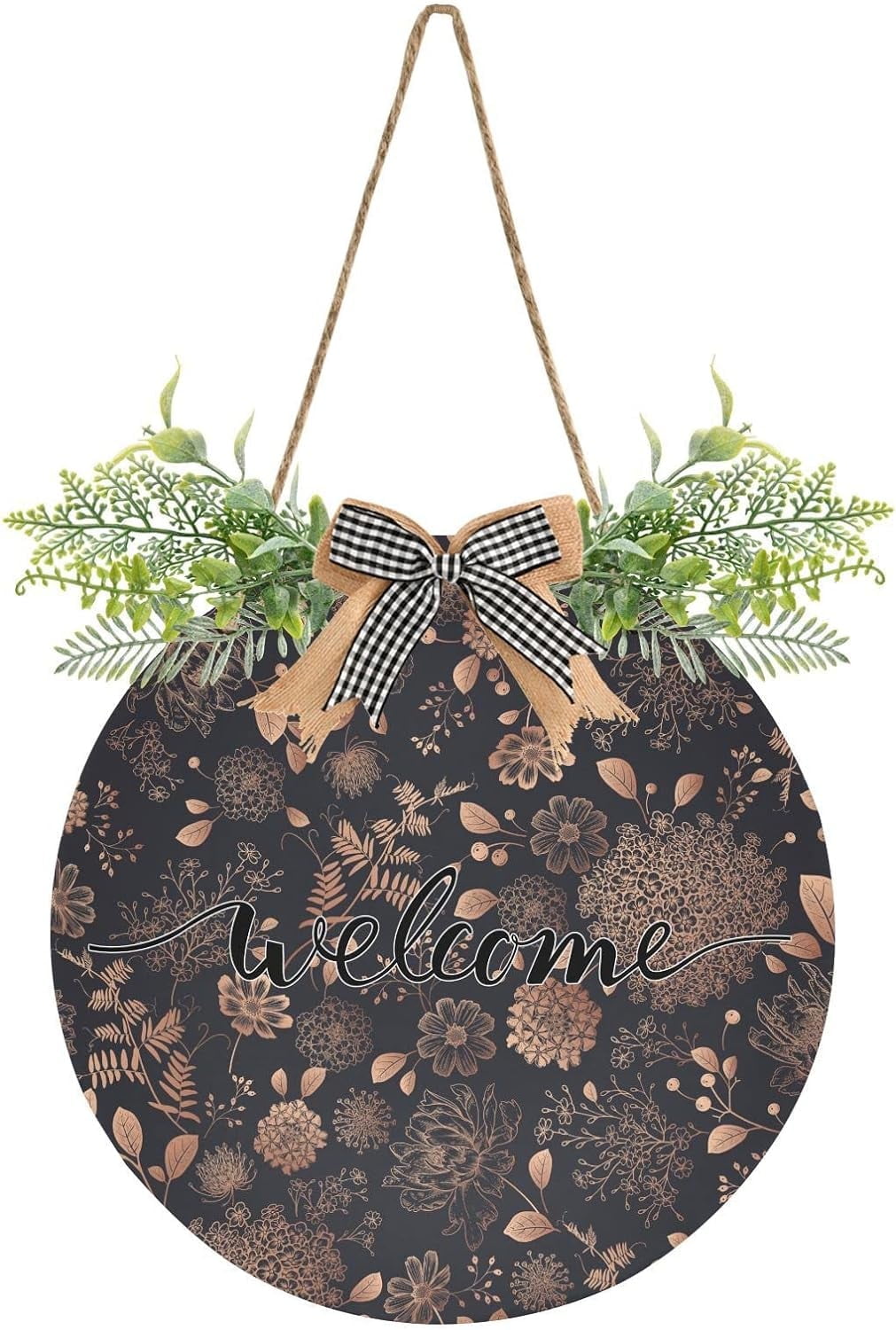 Coolnut Welcome Sign Hanging Plaque Sign Flowers Gold Black Porch Wall ...