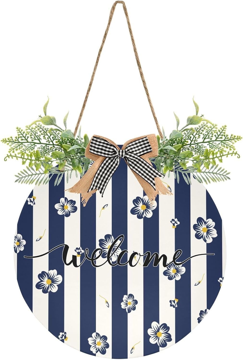 Coolnut Welcome Sign Hanging Plaque Sign Navy Blue Striped Floral Porch ...