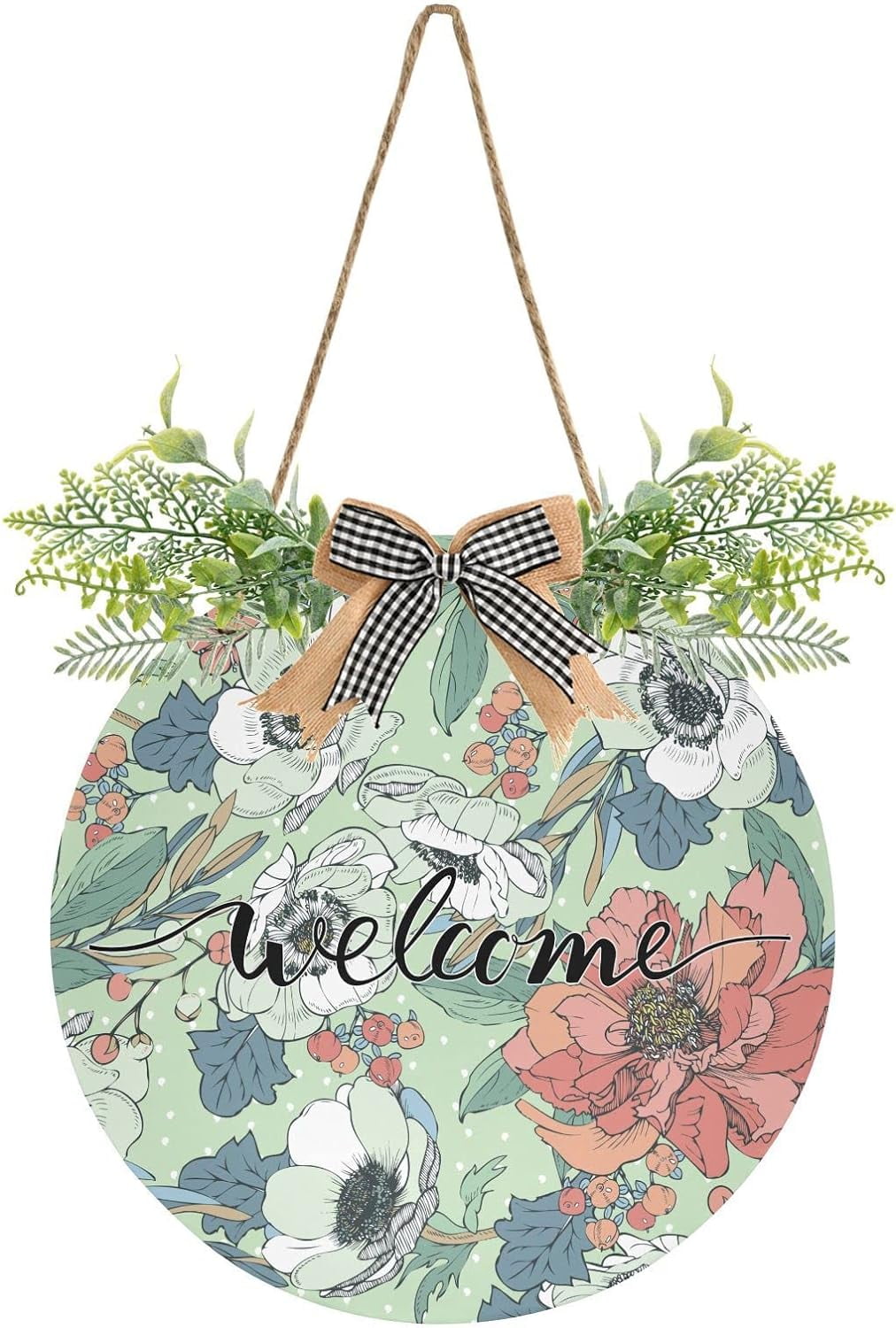 Coolnut Welcome Sign Hanging Plaque Sign Peonies Pattern Green Porch ...