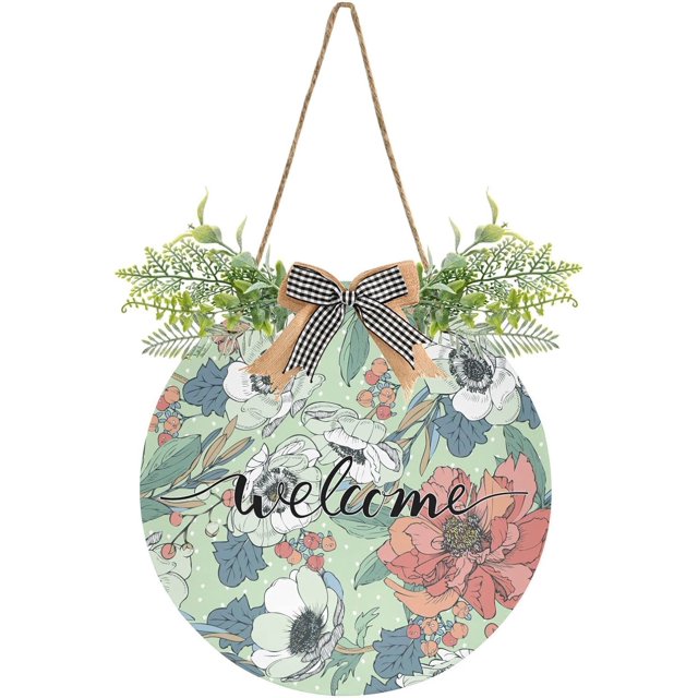 Coolnut Welcome Sign Hanging Plaque Sign Peonies Pattern Green Porch ...