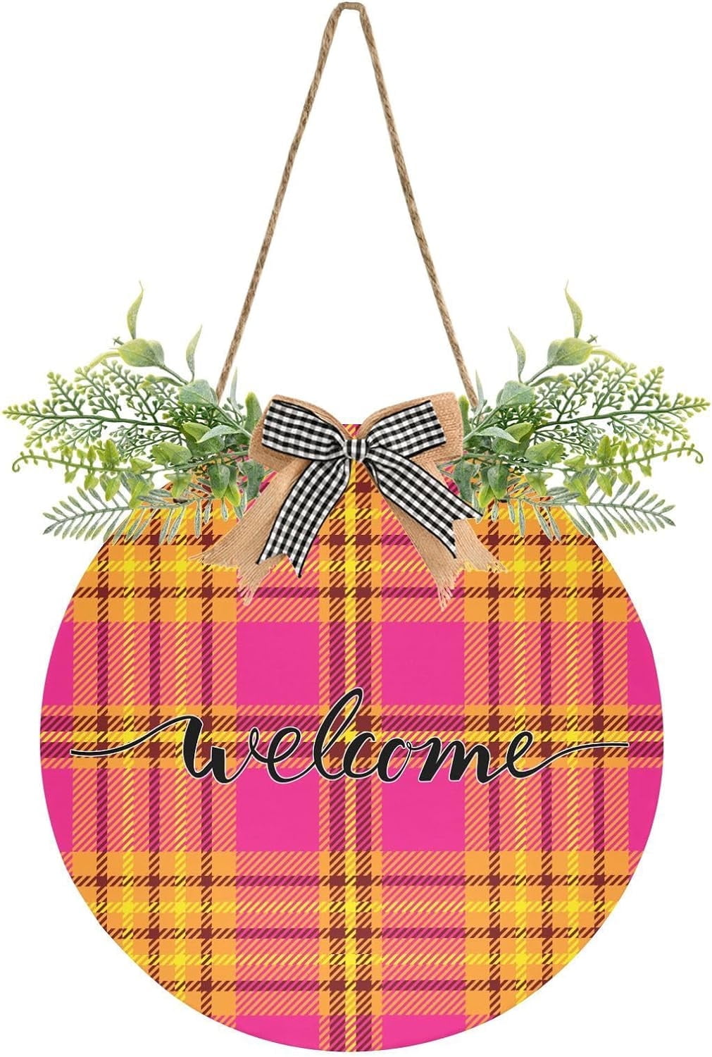 Coolnut Welcome Sign Hanging Plaque Sign Pink Plaid Porch Wall Front ...