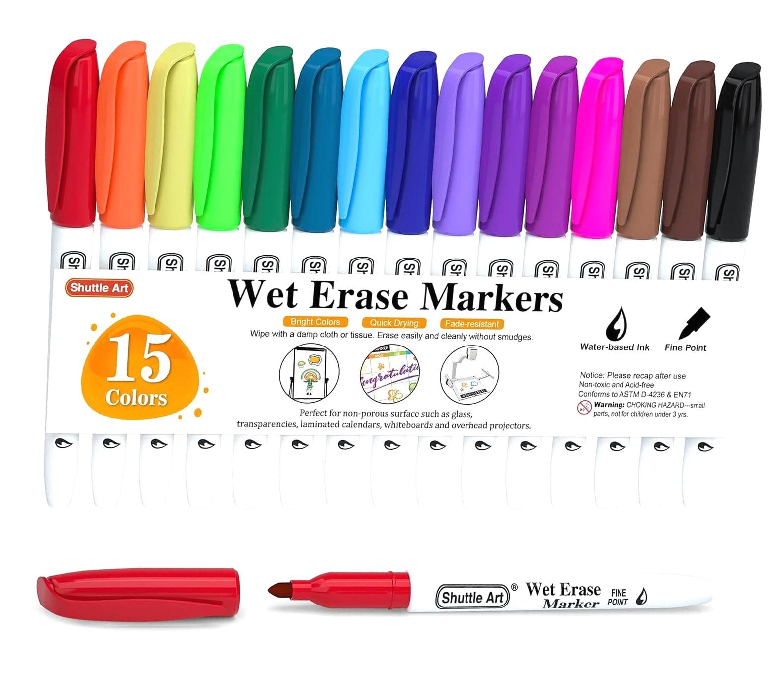Coolnut Wet Erase Markers, 15 Colors 1mm Fine Tip Smudge-Free Markers ...