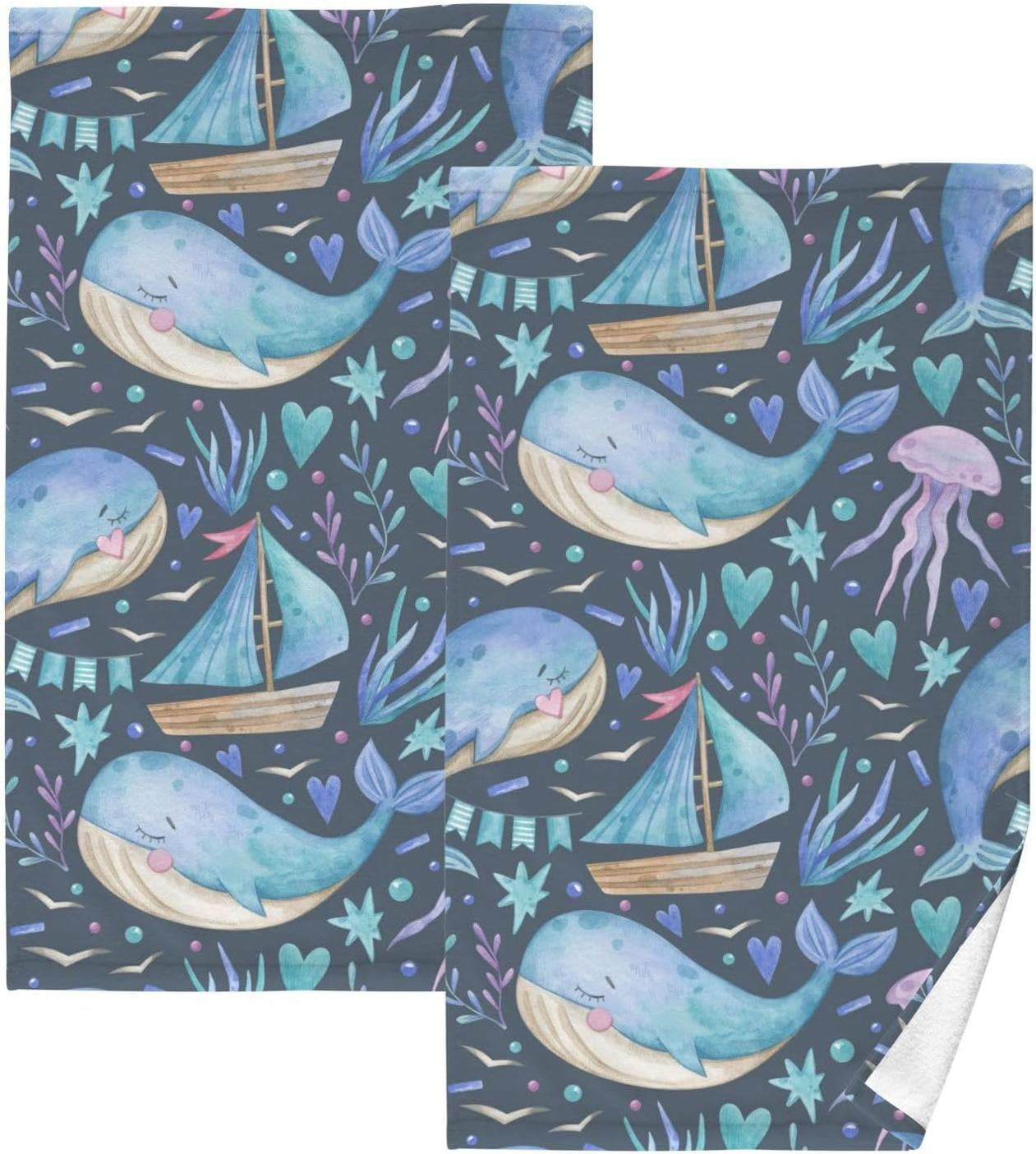 Coolnut Whale Boat Jellyfish Patterned Hand Towels 2 PCS, Cotton Bath ...