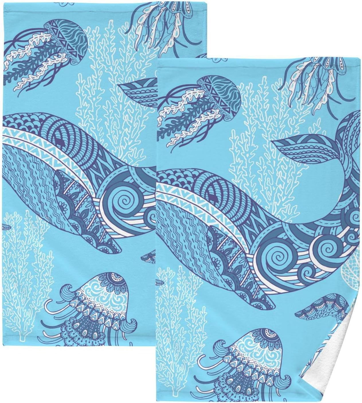 Coolnut Whale Turtle Jellyfish Patterned Hand Towels 2 PCS, Cotton Bath ...