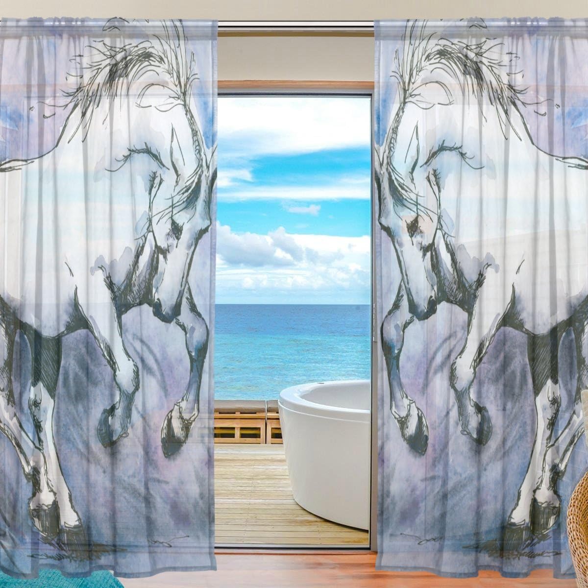 Coolnut White Crazy Horse Watercolor Painted Sheer Gauze Door Curtain ...