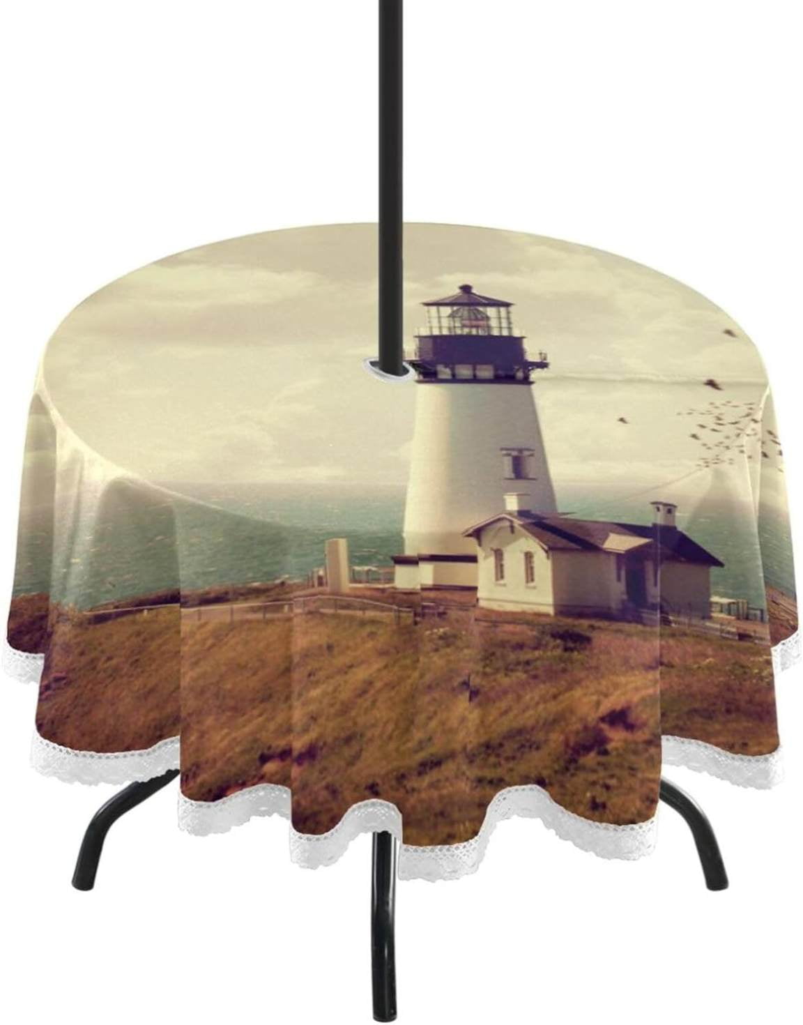 Coolnut White Lighthouse Round Tablecloth 60" Outdoor Table Covers with ...