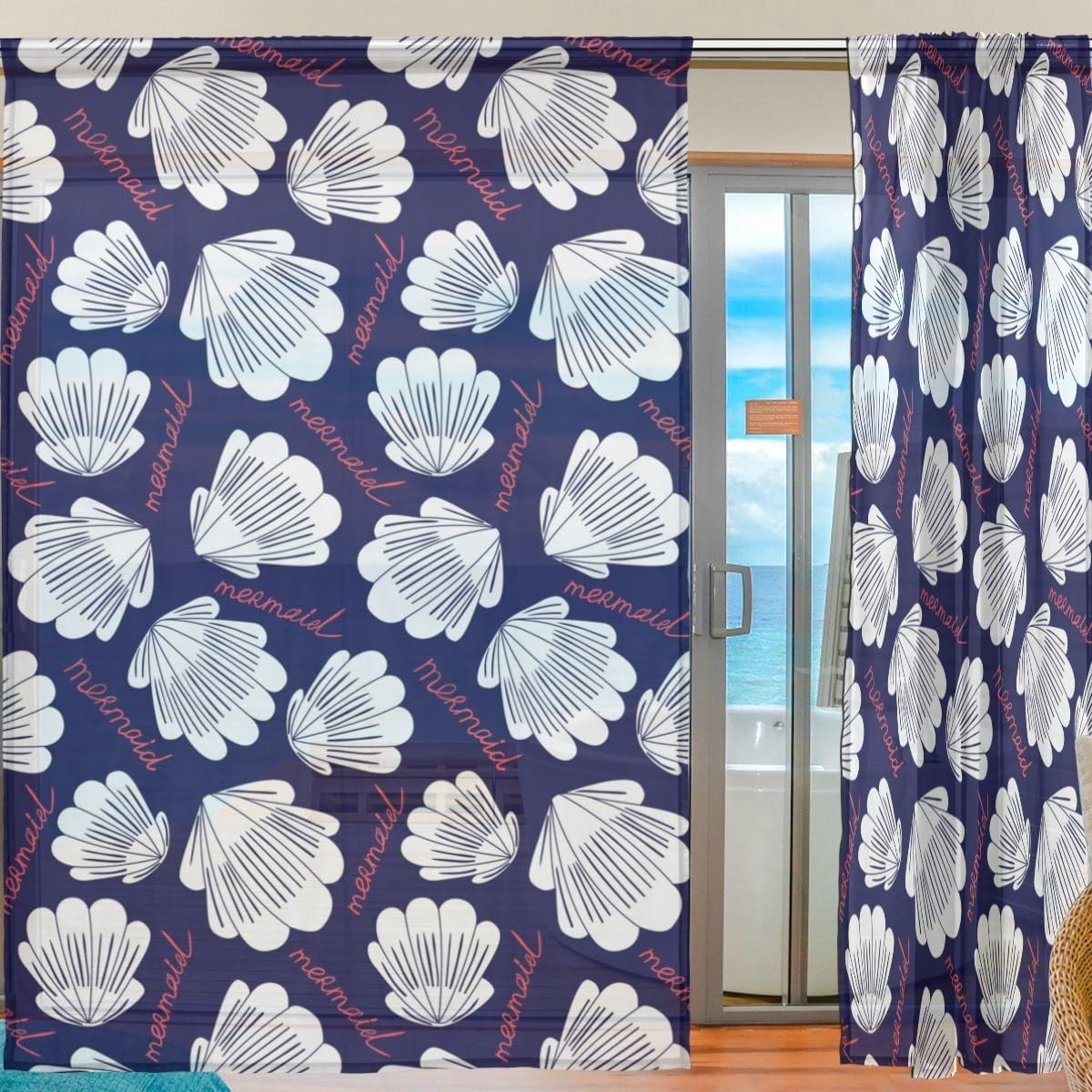 Coolnut White Shell Mermaid Word Sheer Gauze Door Curtain Window ...