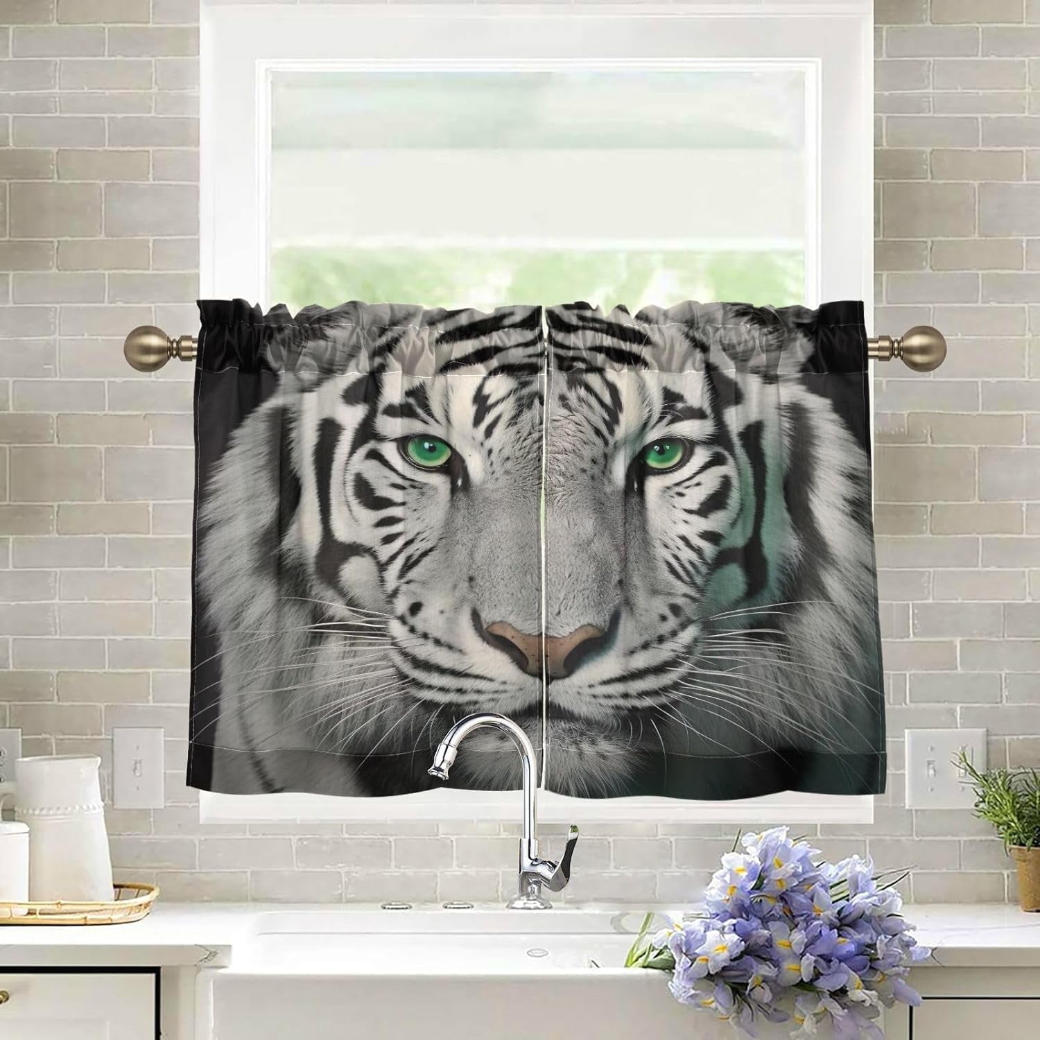 Coolnut White Tiger with Green Eyes Half Window Tier Curtains 24 Inch ...