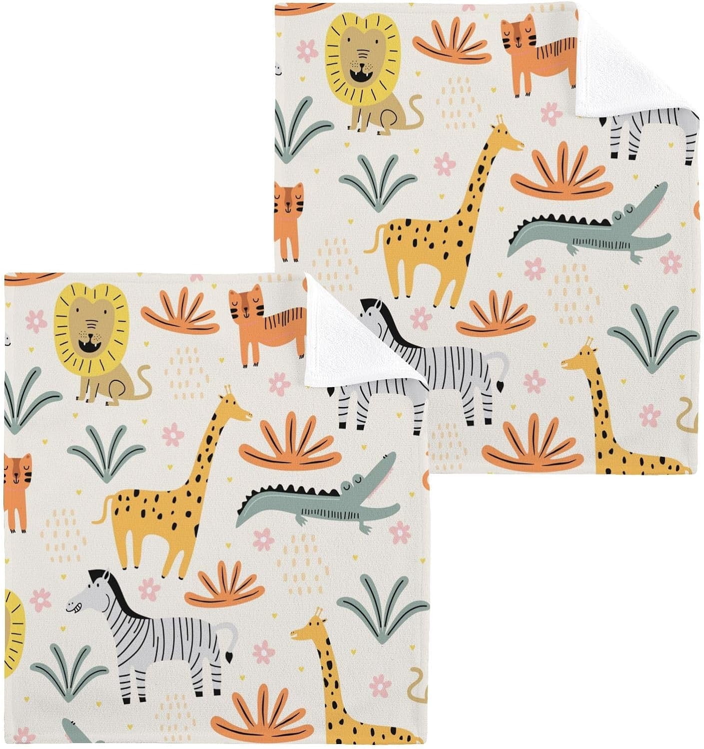 Coolnut Wild Animals Zoo Wash Cloth Set of 2, 12 x 12 Inch Cotton Baby ...