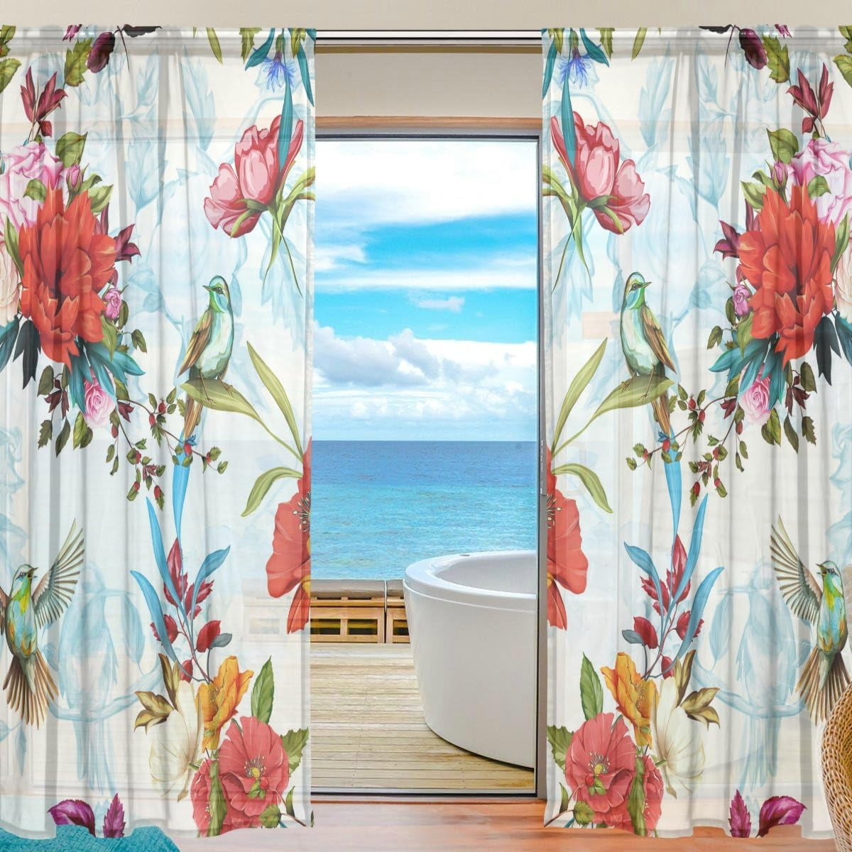 Coolnut Wild Flower Roses and Birds Sheer Gauze Door Curtain Window ...