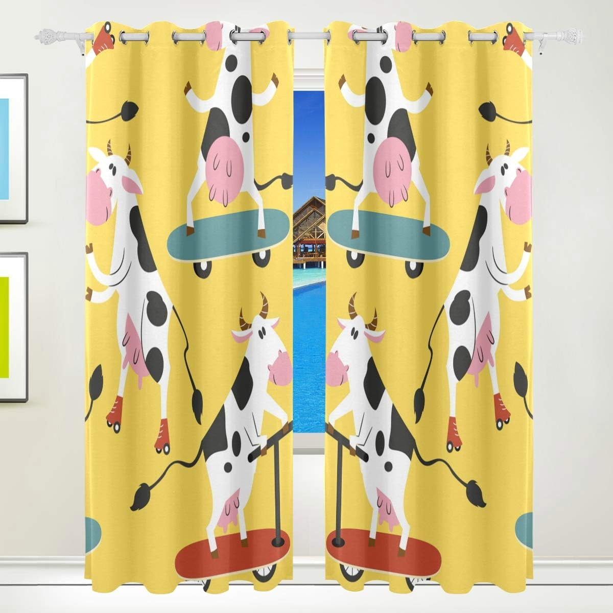 Coolnut Window Curtain Panels Cows On Skates and Kick Scooters Grommet ...