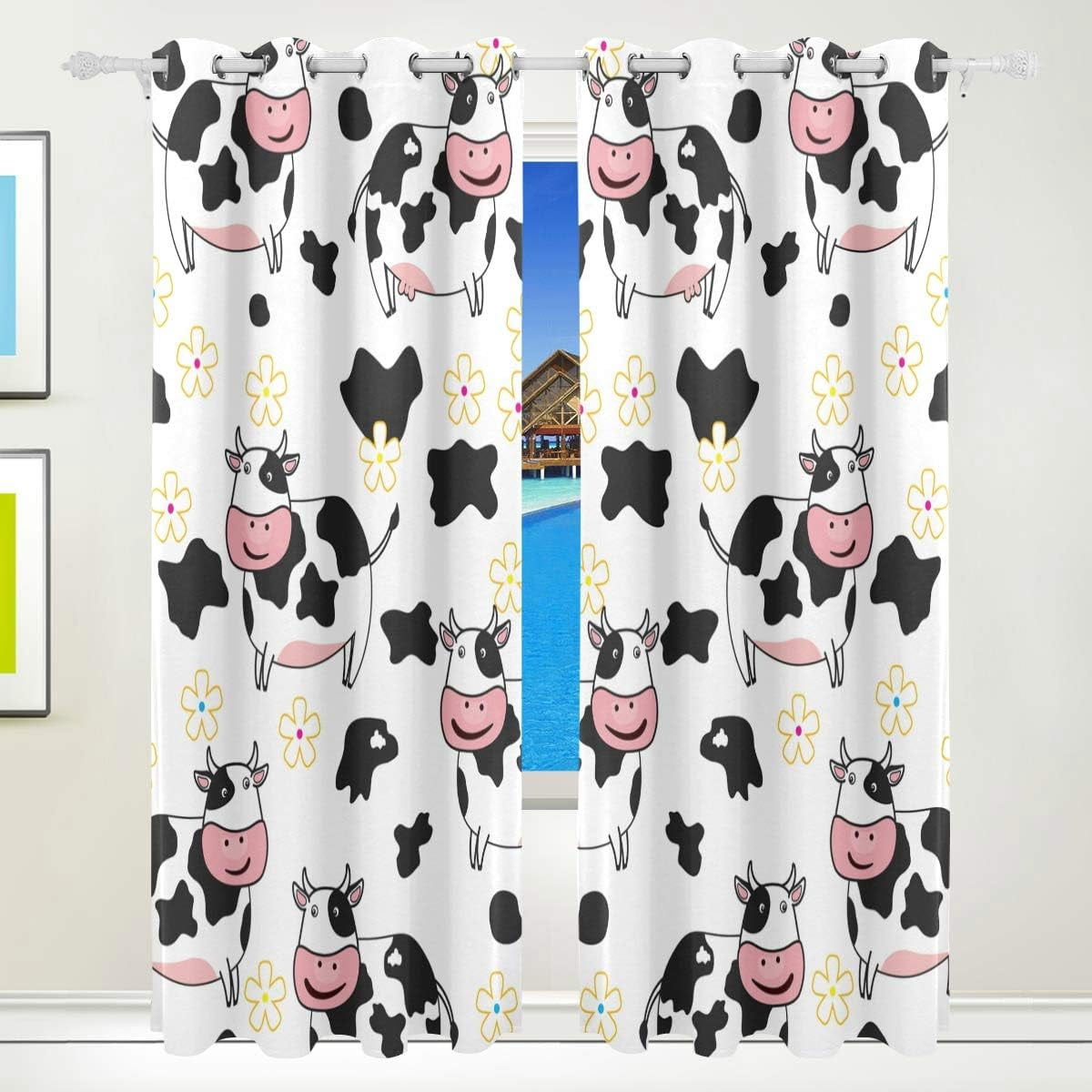 Coolnut Window Curtain Panels Cute Cows Flowers Grommet Top Room ...