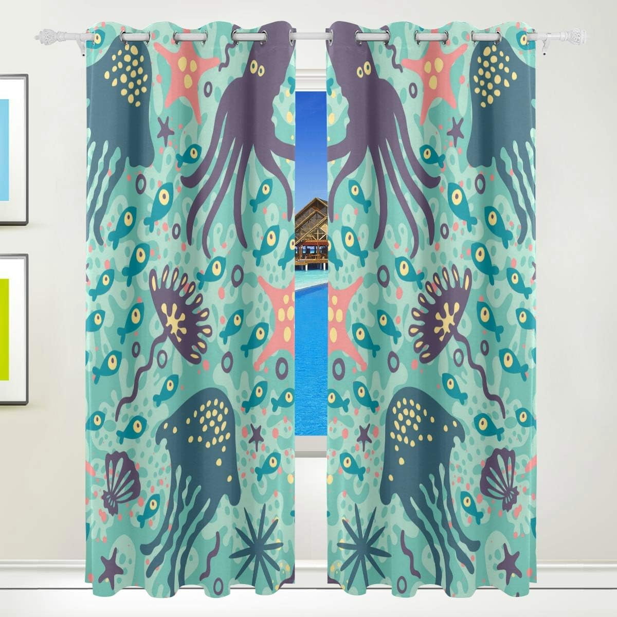 Coolnut Window Curtain Panels Cute Sea Creatures Grommet Top Room ...