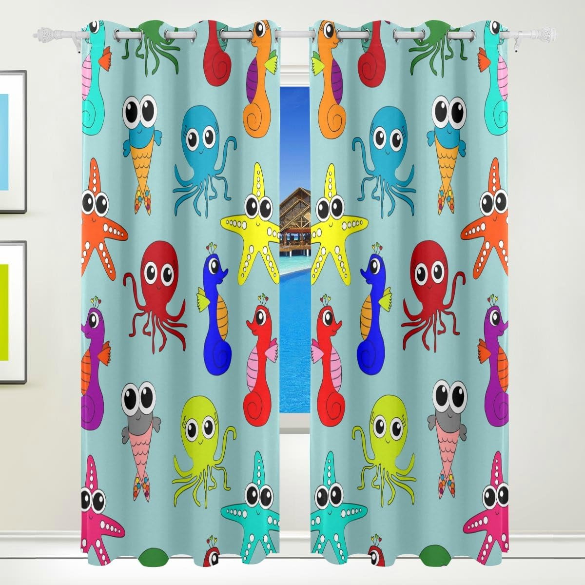 Coolnut Window Curtain Panels Funny Sea Creatures Grommet Top Room ...