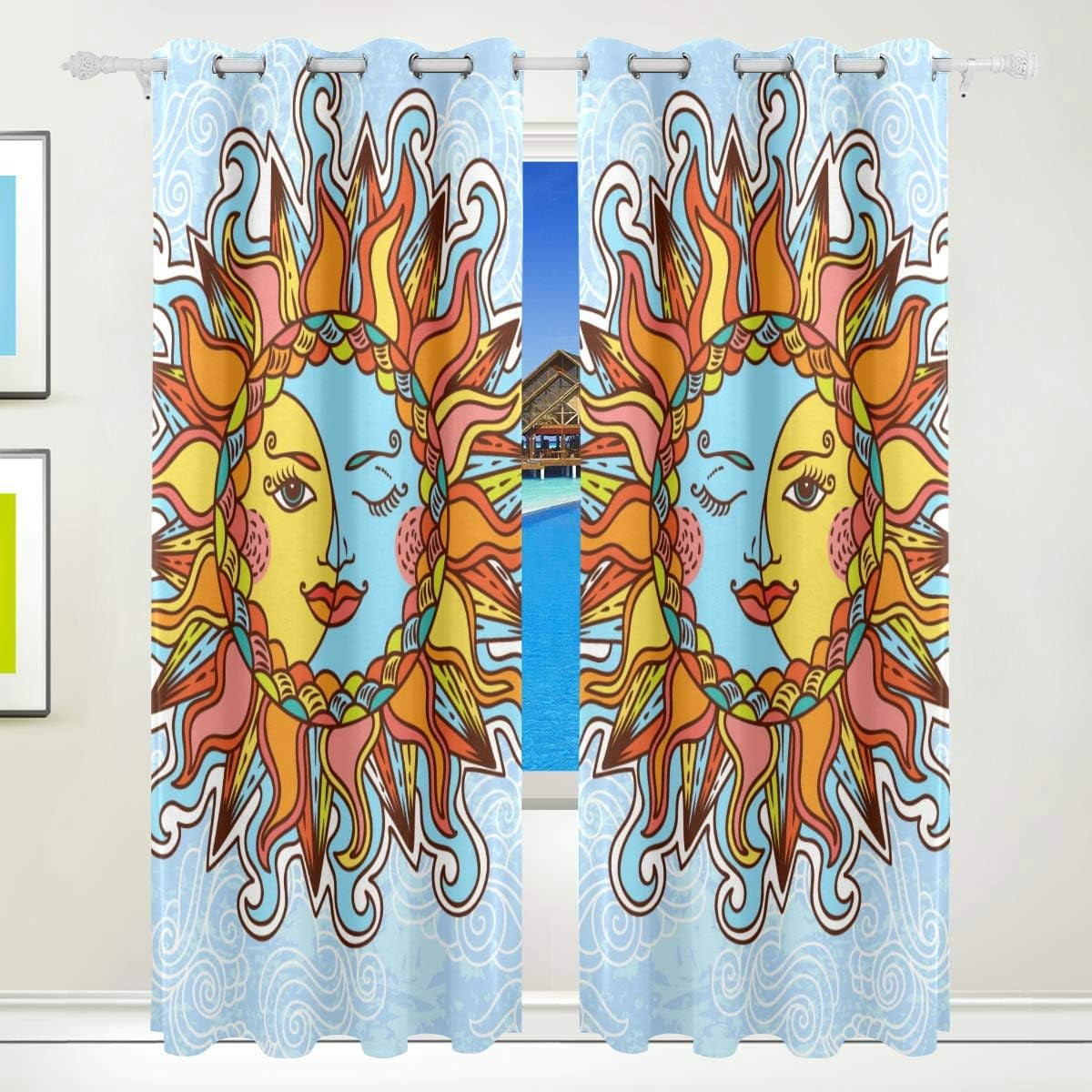 Coolnut Window Curtain Panels Vintage Magic Sun and Moon Blue Grommet Top Room Darkening Thermal ...