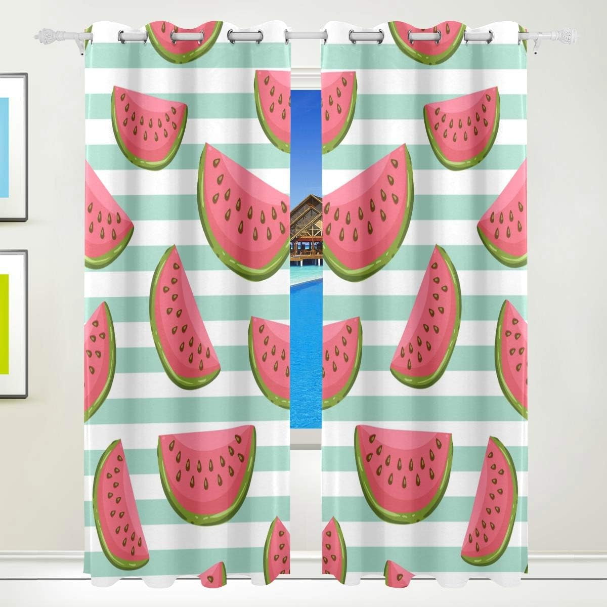 Coolnut Window Curtain Panels Watermelon with Stripes Grommet Top Room ...