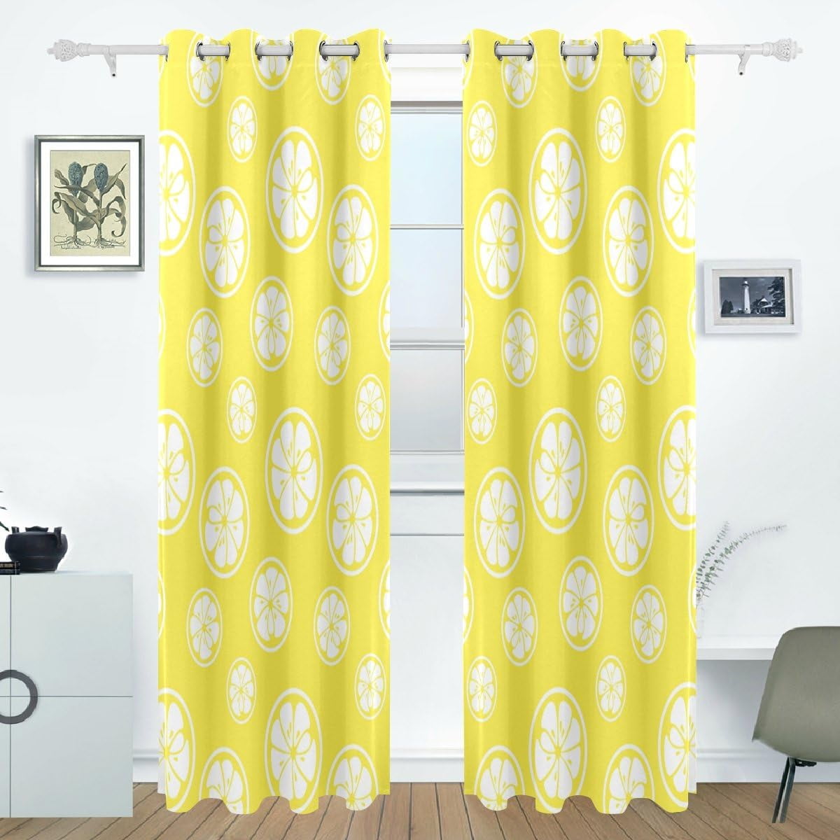 Coolnut Window Curtain Panels Yellow and White Color Grommet Top Room ...