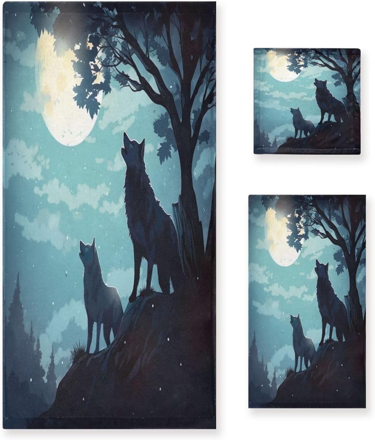 Coolnut Wolf Bathroom Towel Set Absorbent Soft 3-Piece Bath Towel Hand ...