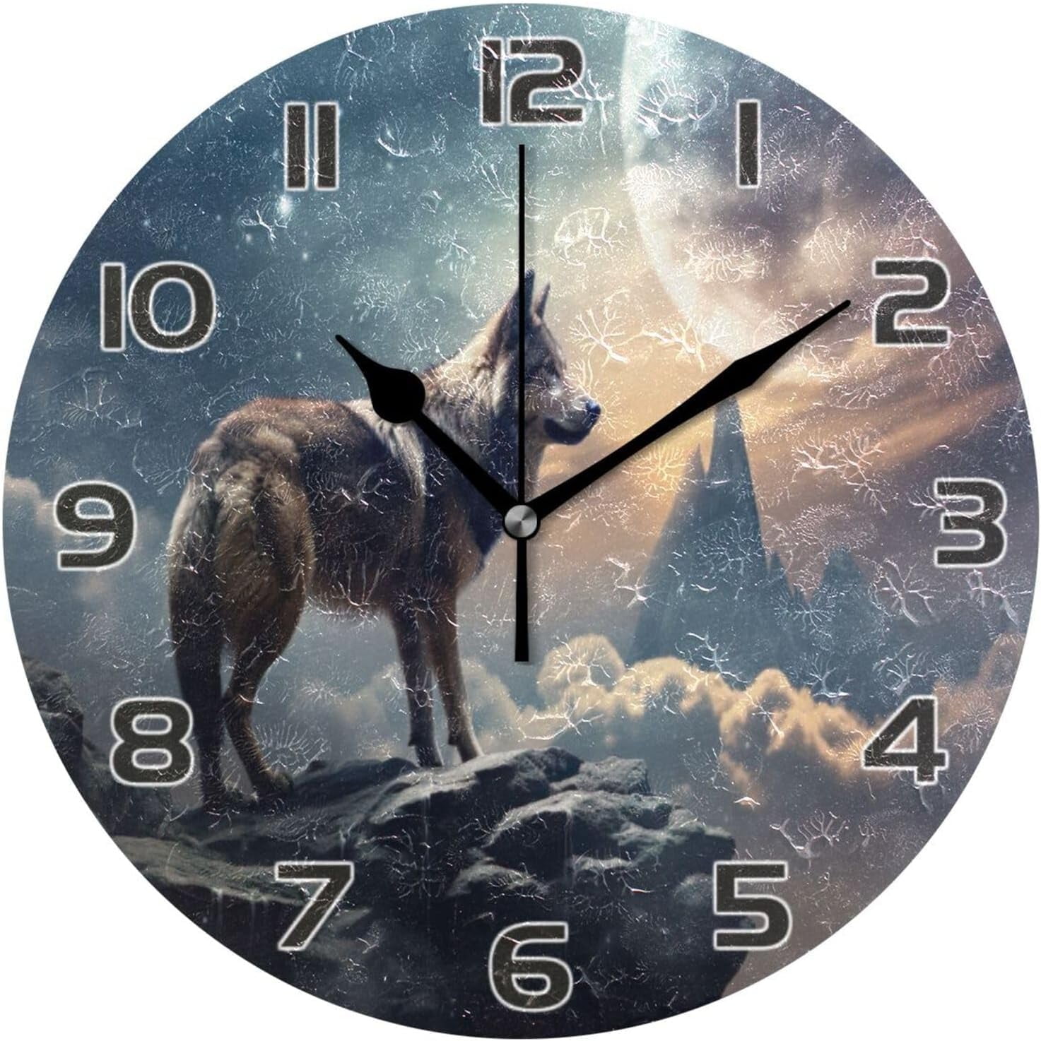 Coolnut Wolf Starry Night Wall Clock Round Vintage Silent Non Ticking ...
