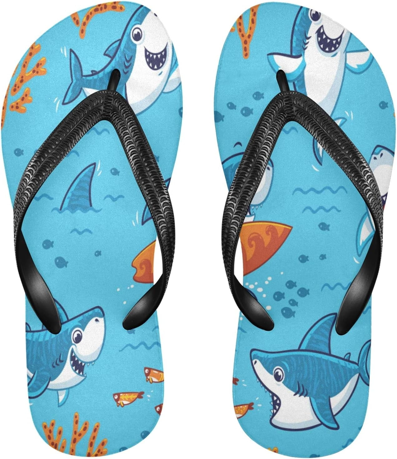 Coolnut Womens Men Funny Cartoon Shark Flip Flops Slip on Sandals Beach ...