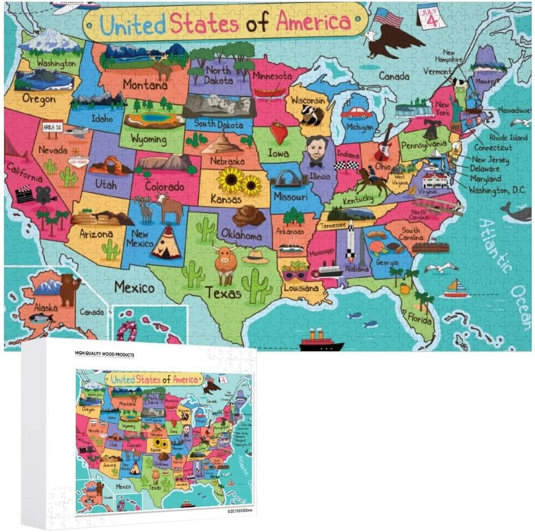Coolnut Wooden Jigsaw Puzzles 1000 Pieces, USA Map in Cartoon Style ...