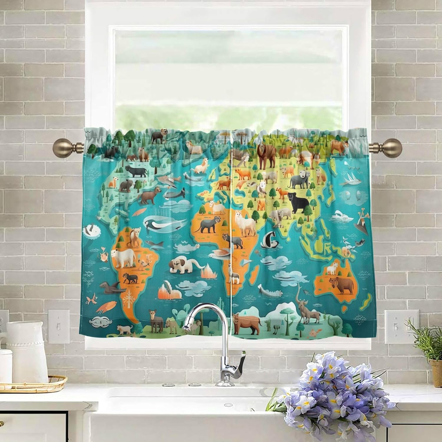 Coolnut World Map Animals Kitchen Curtains 24 Inch Length Blackout ...