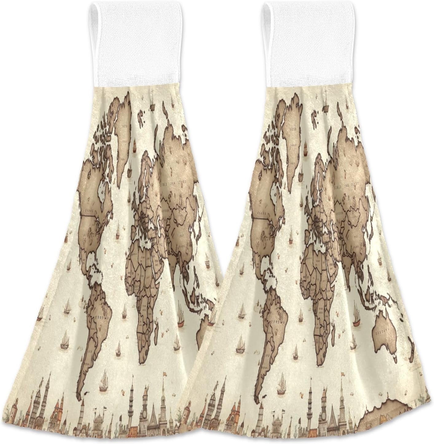 Coolnut World Map Hand Towels Set of 2 Soft Absorbent Kitchen Hanging ...