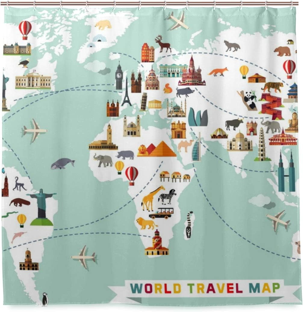 Coolnut World Map with Animal and Sightseeing Attractions Bath Shower ...