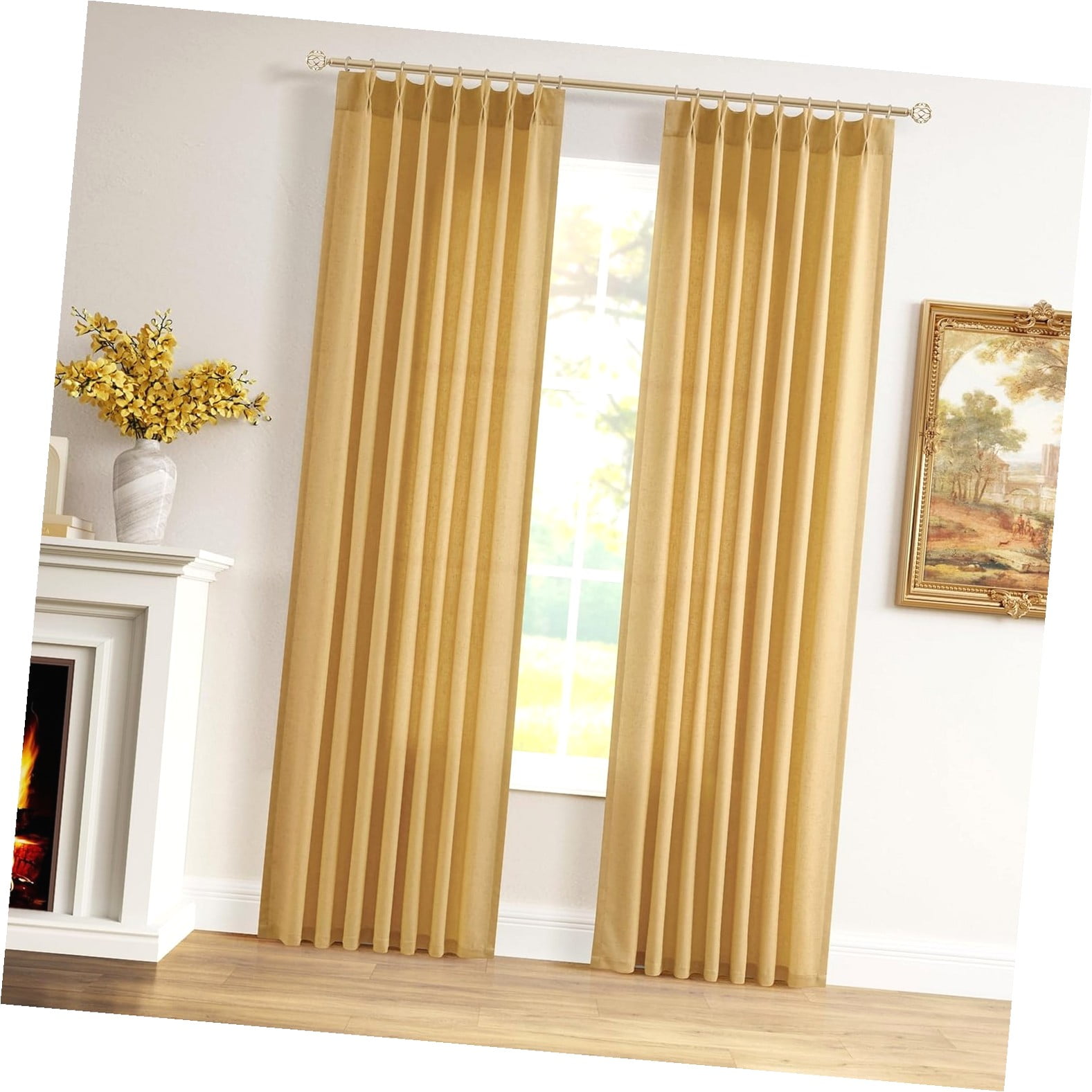 Coolnut Yellow Pinch Pleated Linen Curtains 84 Inch Length 2 Panels ...